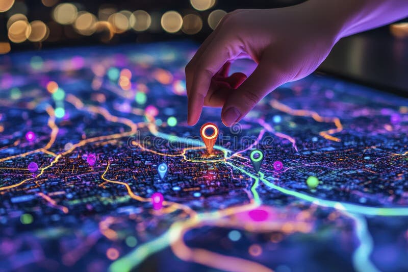 Hand Places Pin on Glowing Digital Map. Stock Illustration ...