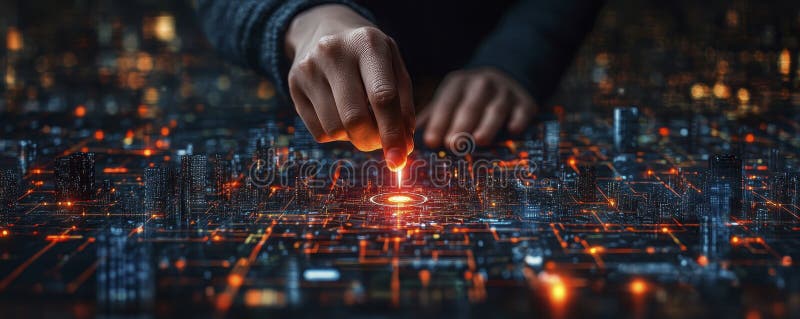 Hand Places Pin on Glowing Digital Map. Stock Image - Image of ...