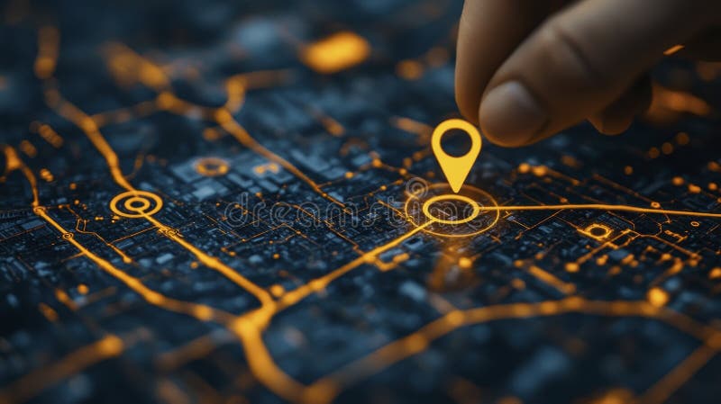 Hand Places Pin on Glowing Digital Map. Stock Image - Image of hand ...