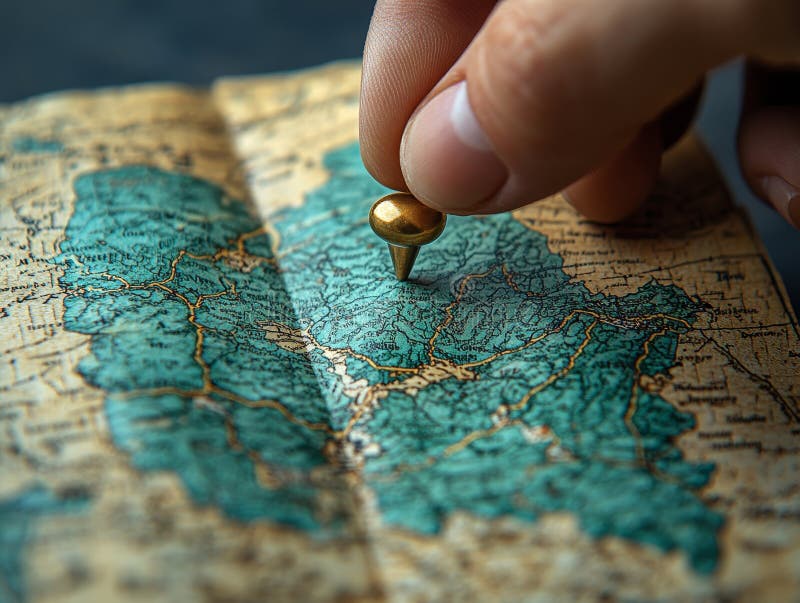 Hand Places Pin on Vintage Map, Marking Location Stock Illustration ...