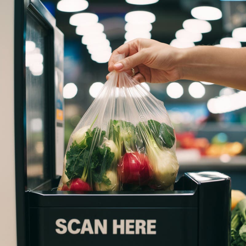 Hand Places a Plastic Bag of Fresh Vegetables into a SCAN HERE Machine ...