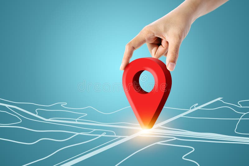 Hand Places a Red Map Location Marker on a Stylized Map Stock ...