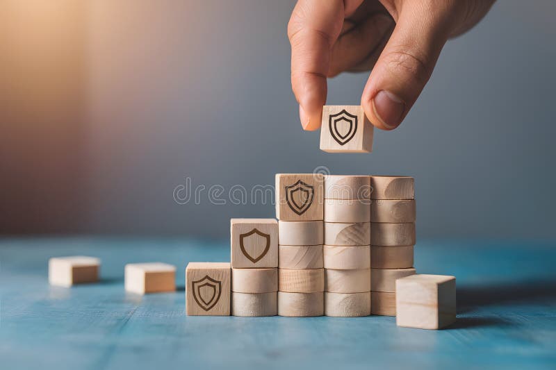 Hand Places Shield Block on Stacked Blocks, Symbolizing Progression and ...
