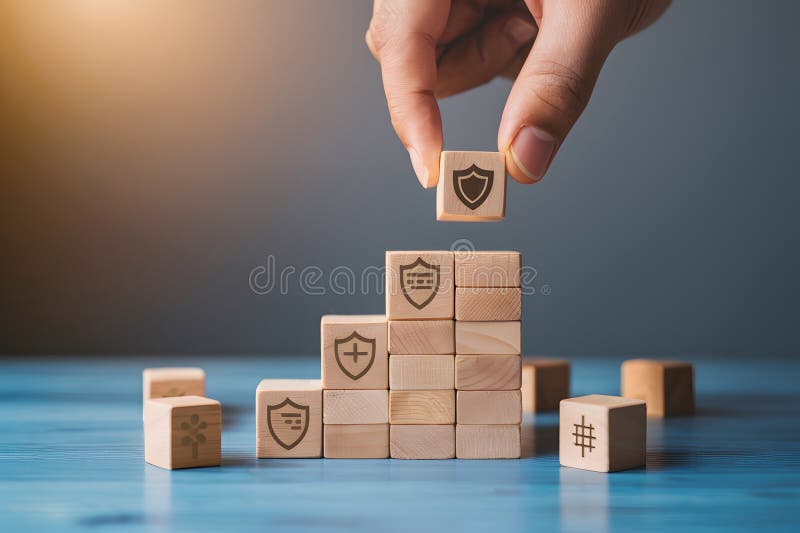 Hand Places Shield Block on Stacked Blocks, Symbolizing Progression and ...