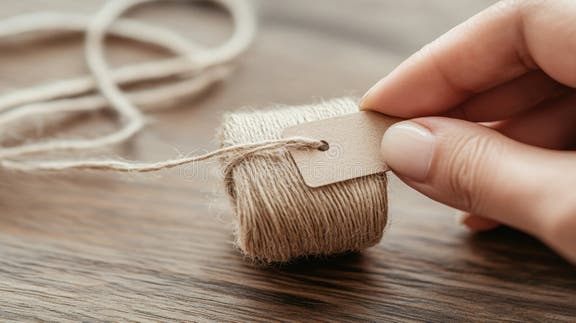 Hand Places Small Brown Label on Twine Spool Resting on Wooden Surface ...