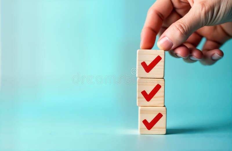 Hand Places Wooden Cube with Red Check Mark on Top of Stack. Simple ...