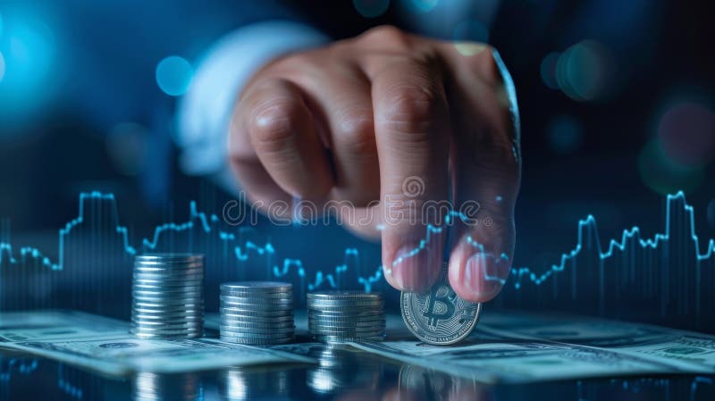 Hand Placing Bitcoin Coin on Stacks of Money with a Growth Chart in the ...