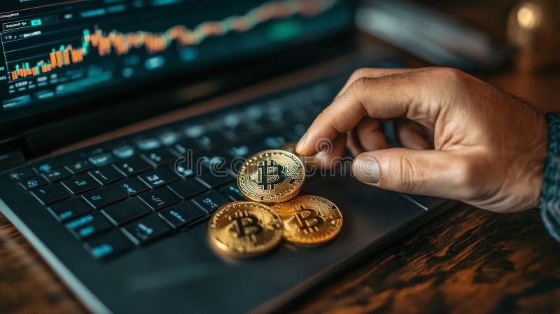 Hand Placing Bitcoin on Laptop Keyboard Near Crypto Chart Stock ...