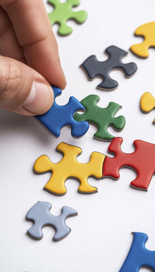 Hand Placing Blue Puzzle Piece among Colorful Jigsaw Pieces ...