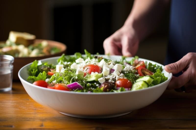 Hand Placing Bowl of Greek Salad on Table Stock Photo - Image of greek ...