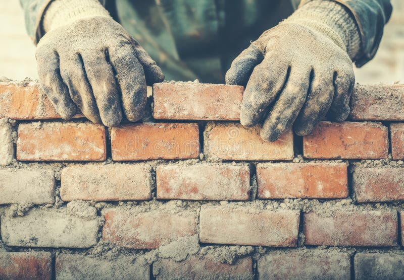 Hand Placing Bricks, Construction Worker at Work Stock Image - Image of ...
