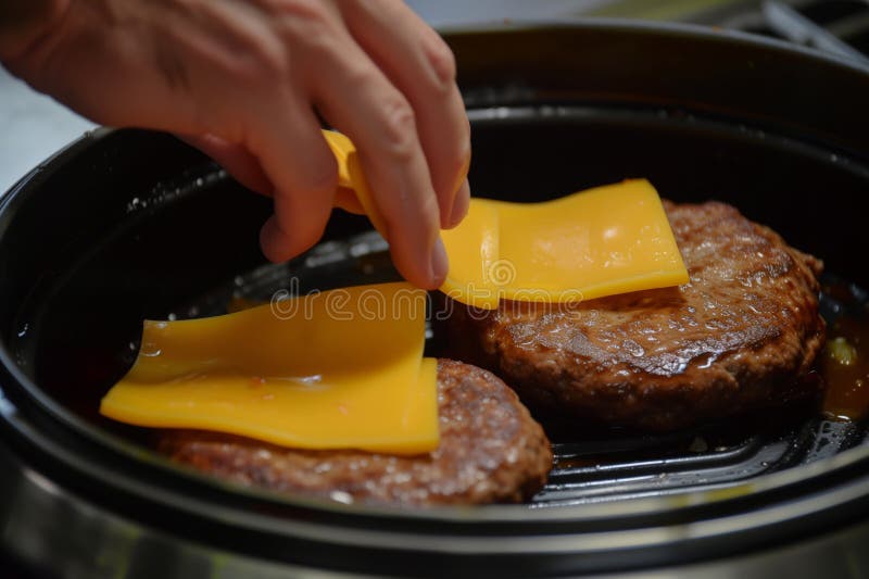 Hand Placing a Cheese Slice on a Cooking Patty Stock Photo - Image of ...