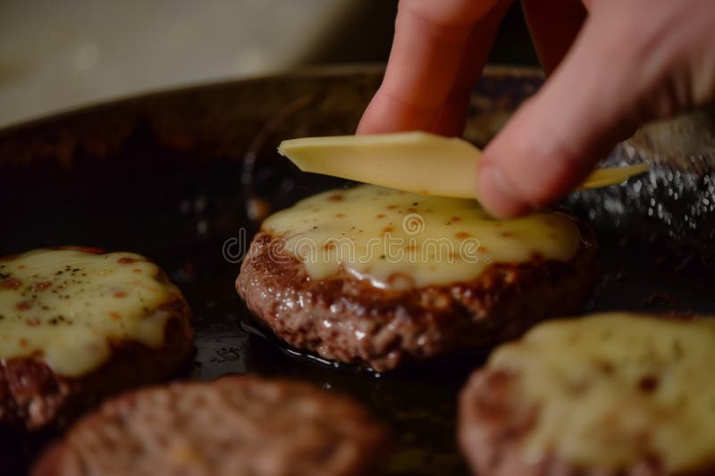 Hand Placing a Cheese Slice on a Cooking Patty Stock Image - Image of ...