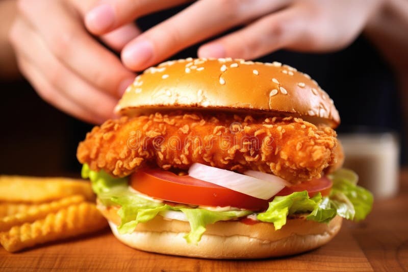 Hand Placing a Chicken Nugget on a Sandwich Stock Image - Image of fast ...