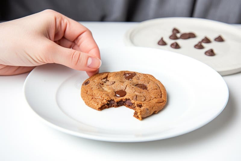 Hand Placing a Chocolate Chip Cookie on a White Plate Stock Image ...