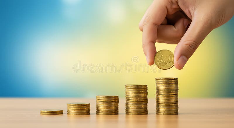 Hand Placing Coin on Growing Stacks of Gold Coins Stock Illustration ...