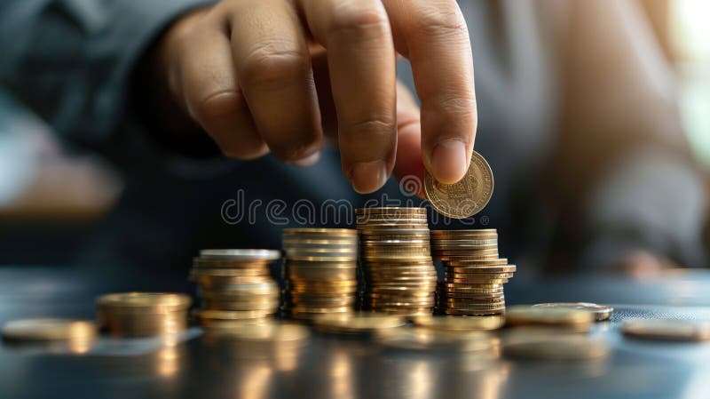 Hand Placing Coin on Stack of Coins Stock Illustration - Illustration ...