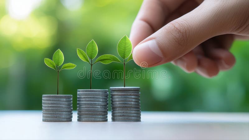Hand Placing Coin into Stack with Plant Symbolizing Growth and ...