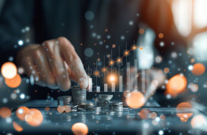 Hand Placing Coin on Stack with Rising Chart Stock Image - Image of ...