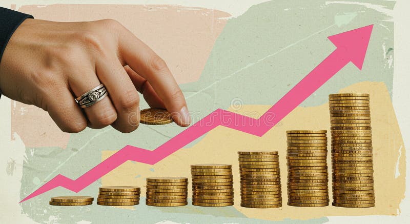 Hand Placing Coin on Stack Showing Growth with Arrow Stock Illustration ...