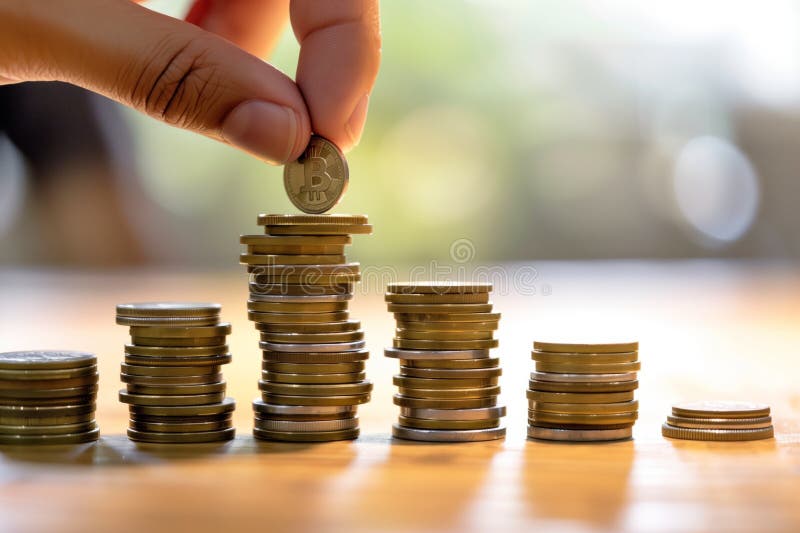 Hand Placing Coin on Top of the Highest Stack Stock Photo - Image of ...