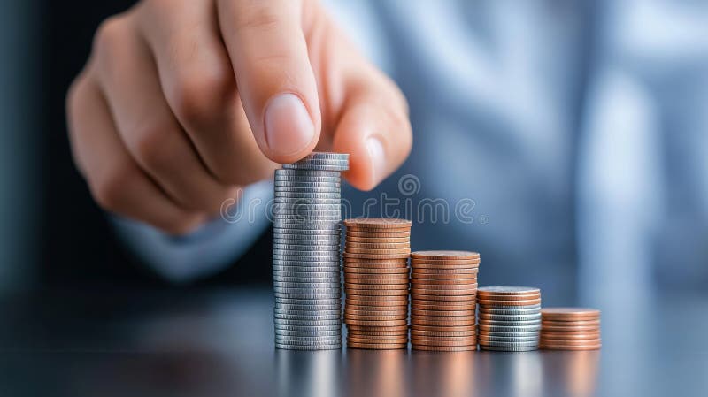 Hand Placing Coins in a Stack on Wooden Surface Stock Illustration ...