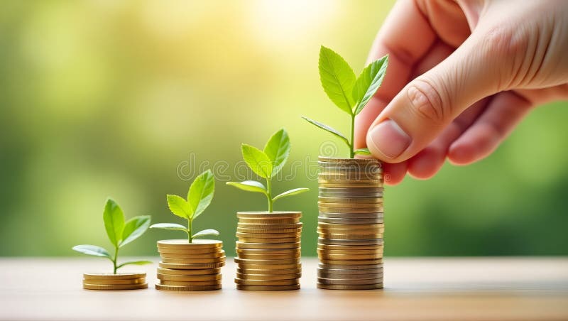 A Hand Placing Coins on Stacked Piles with Small Green Plants Growing ...