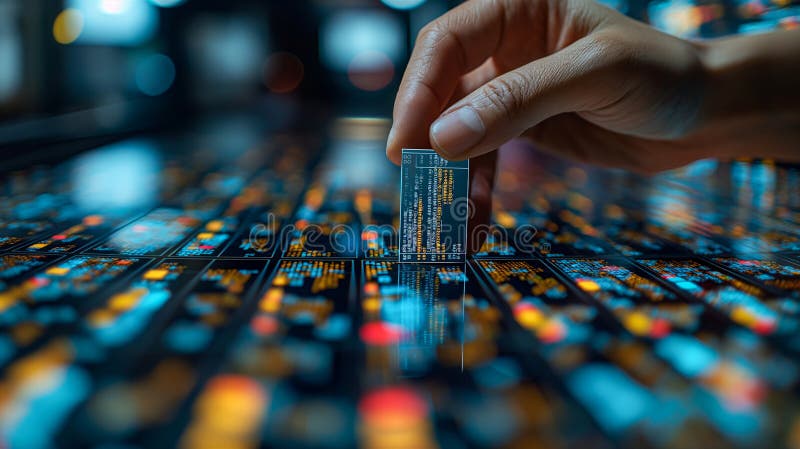 Hand Placing Credit Card on a Digital Interface Filled with Colorful ...
