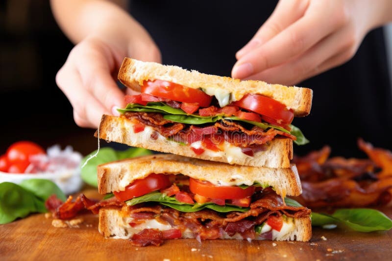 Hand Placing a Crispy Bacon Slice on a Toasted Sandwich Stock ...