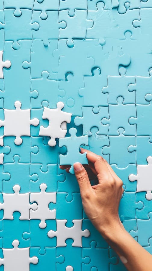 Hand Placing Final Piece into Blue Puzzle. Concept of Completion ...