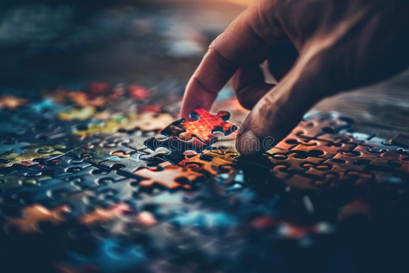 Hand Placing Final Piece into Colorful Puzzle for Completing Challenge ...