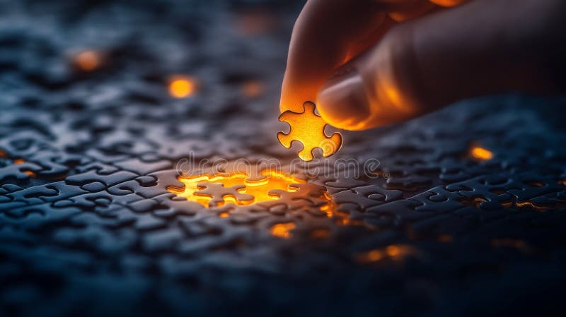 Hand Placing the Final Piece in a Puzzle of Financial Symbols Stock ...