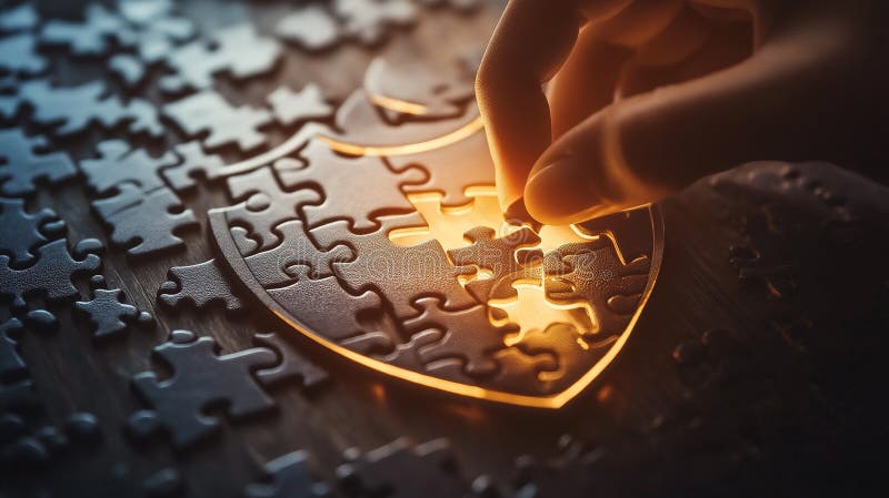 Hand Placing a Final Piece in a Puzzle, Forming a Complete Shield Stock ...