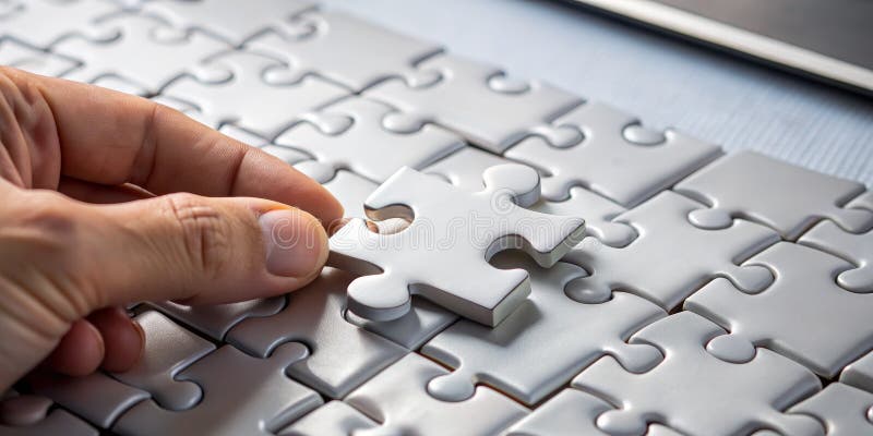 Hand Placing Final Puzzle Piece, Completing the Solution, White Puzzle ...