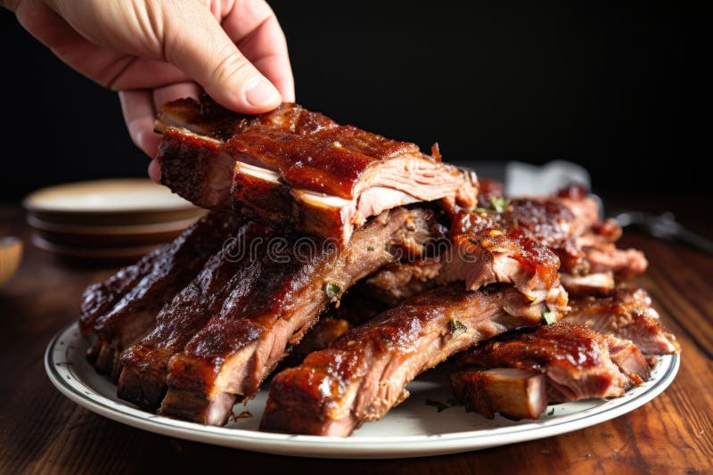 Hand Placing Finished Pork Ribs on a Plate Stock Photo - Image of ...