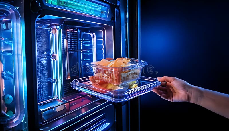 Hand Placing Food Container in Modern Oven with Blue Lighting Stock ...