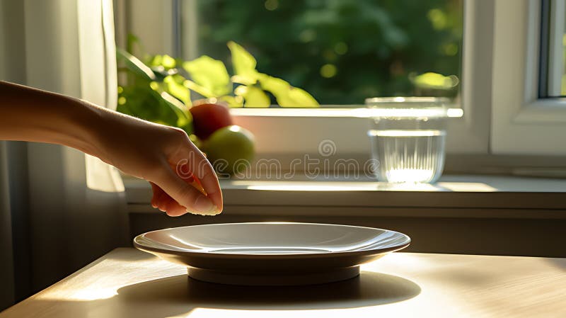 Hand Placing Food on Empty Plate by Window Stock Photo - Image of ...
