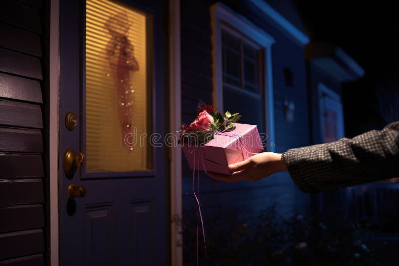 A Hand Placing a Gift Box on a Doorstep at Night Stock Photo - Image of ...