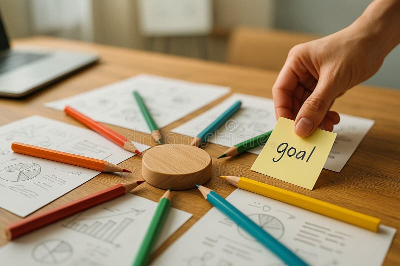 Hand Placing Goal Note on Bright Workspace with Colored Pencils and ...