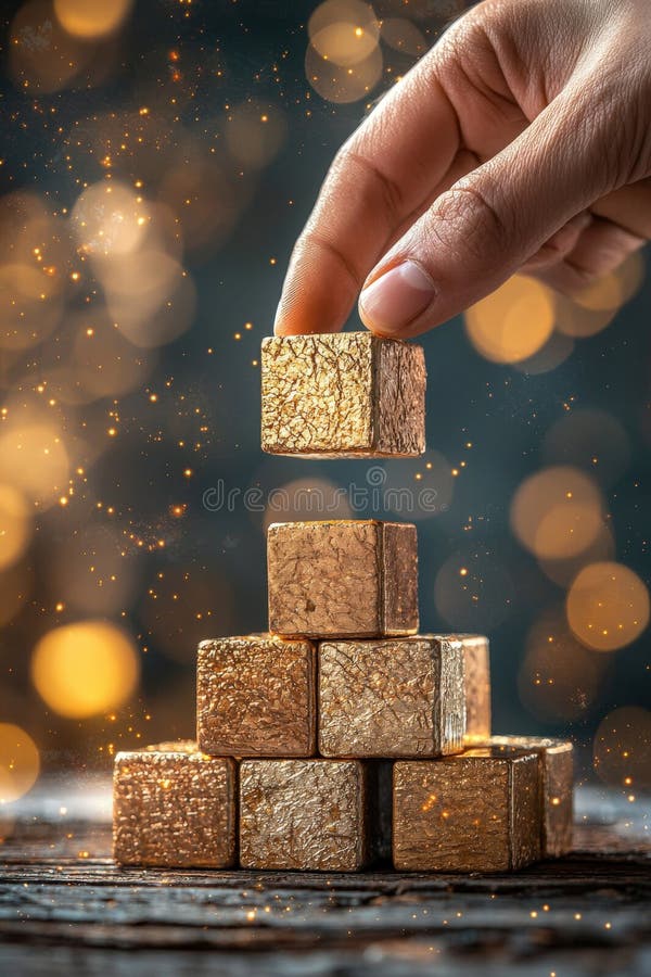 Hand Placing Gold Block Building Pyramid Structure Growth Progre Stock ...