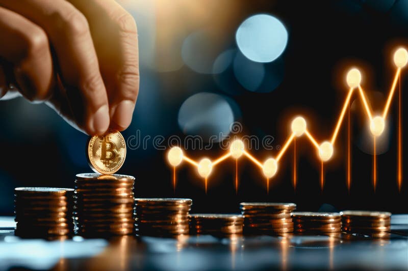 Hand Placing Gold Coin on Stack with Upward Trend Line and Bokeh Lights ...