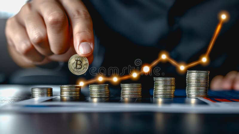 Hand Placing Gold Coin on Stack with Upward Trend Line and Bokeh Lights ...