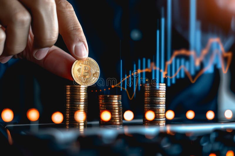 Hand Placing Gold Coin on Stack with Upward Trend Line and Bokeh Lights ...
