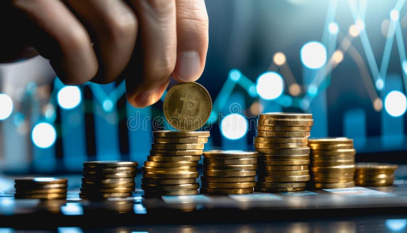 Hand Placing Gold Coin on Stack with Upward Trend Line and Bokeh Lights ...