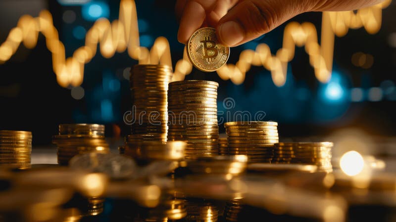 Hand Placing Gold Coin on Stack with Upward Trend Line and Bokeh Lights ...