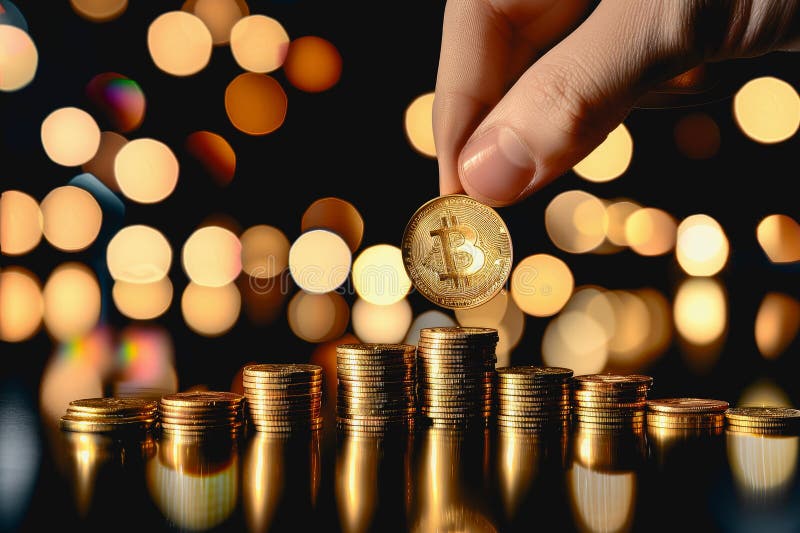 Hand Placing Gold Coin on Stack with Upward Trend Line and Bokeh Lights ...