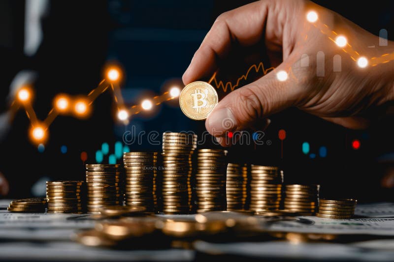 Hand Placing Gold Coin on Stack with Upward Trend Line and Bokeh Lights ...