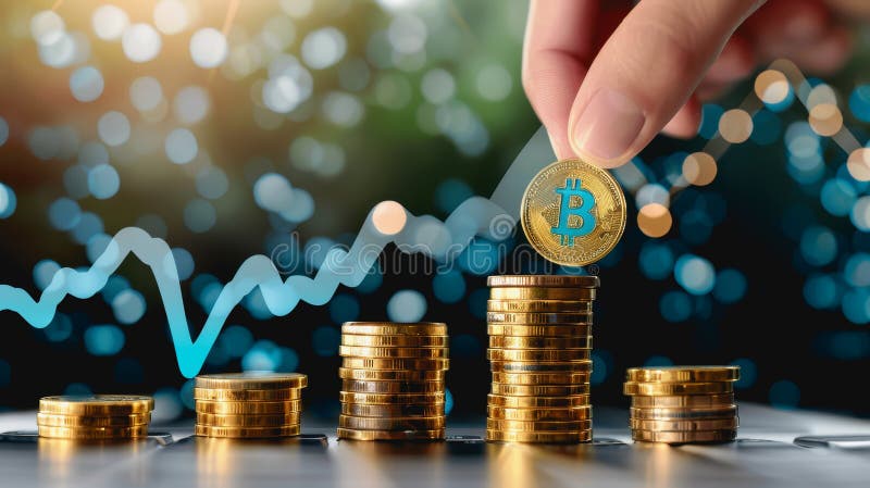 Hand Placing Gold Coin on Stack with Upward Trend Line and Bokeh Lights ...