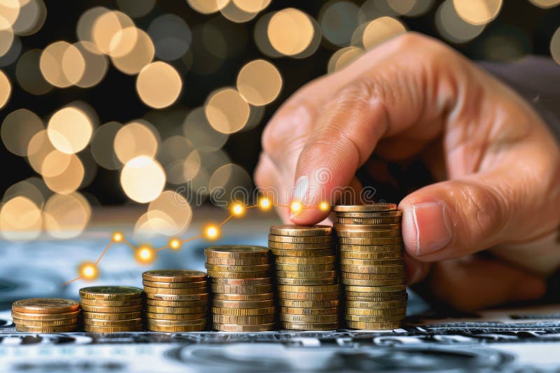 Hand Placing Gold Coin on Stack with Upward Trend Line and Bokeh Lights ...