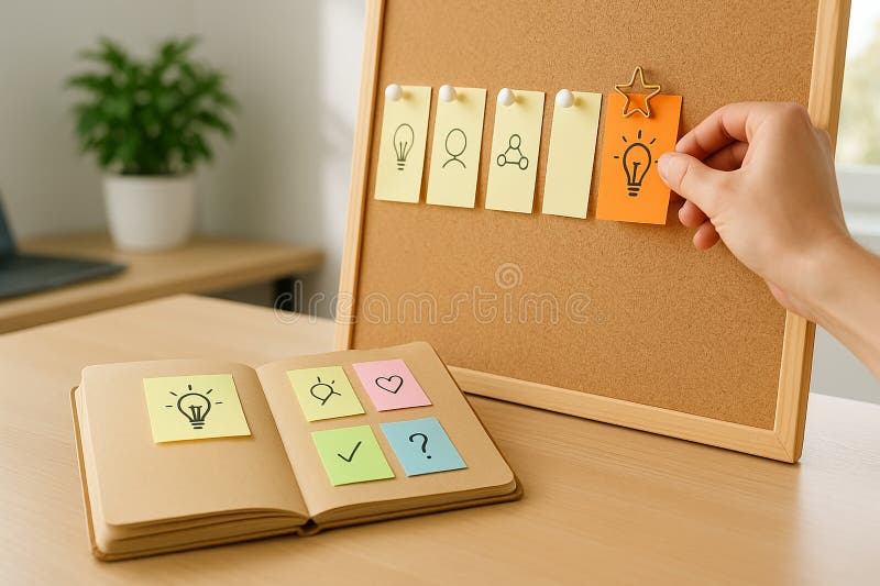 Hand Placing a Light Bulb Sticky Note on a Cork Board with Other Idea ...